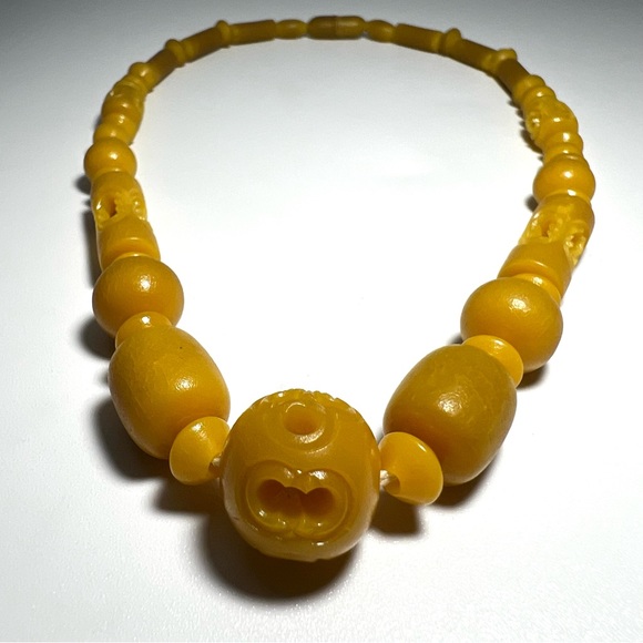 Jewelry | Art Deco Carved Celluloid Bead Necklace Mustard Yellow ...